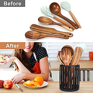 Wood Kitchen Utensil Holder Silverware Caddy Black Wooden Utensil Holder Modern Cutlery Holder Farmhouse Utensil Crock Flatware Caddy Cooking Utensil Organizer Holder for Countertop Spoon Holder