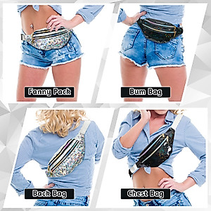 Saintrygo 7 Pack Wedding Bachelorette Fanny Pack Holographic Fanny Pack Bride Bridesmaid Waist Bag for Bachelorette Party(Silver, Black)