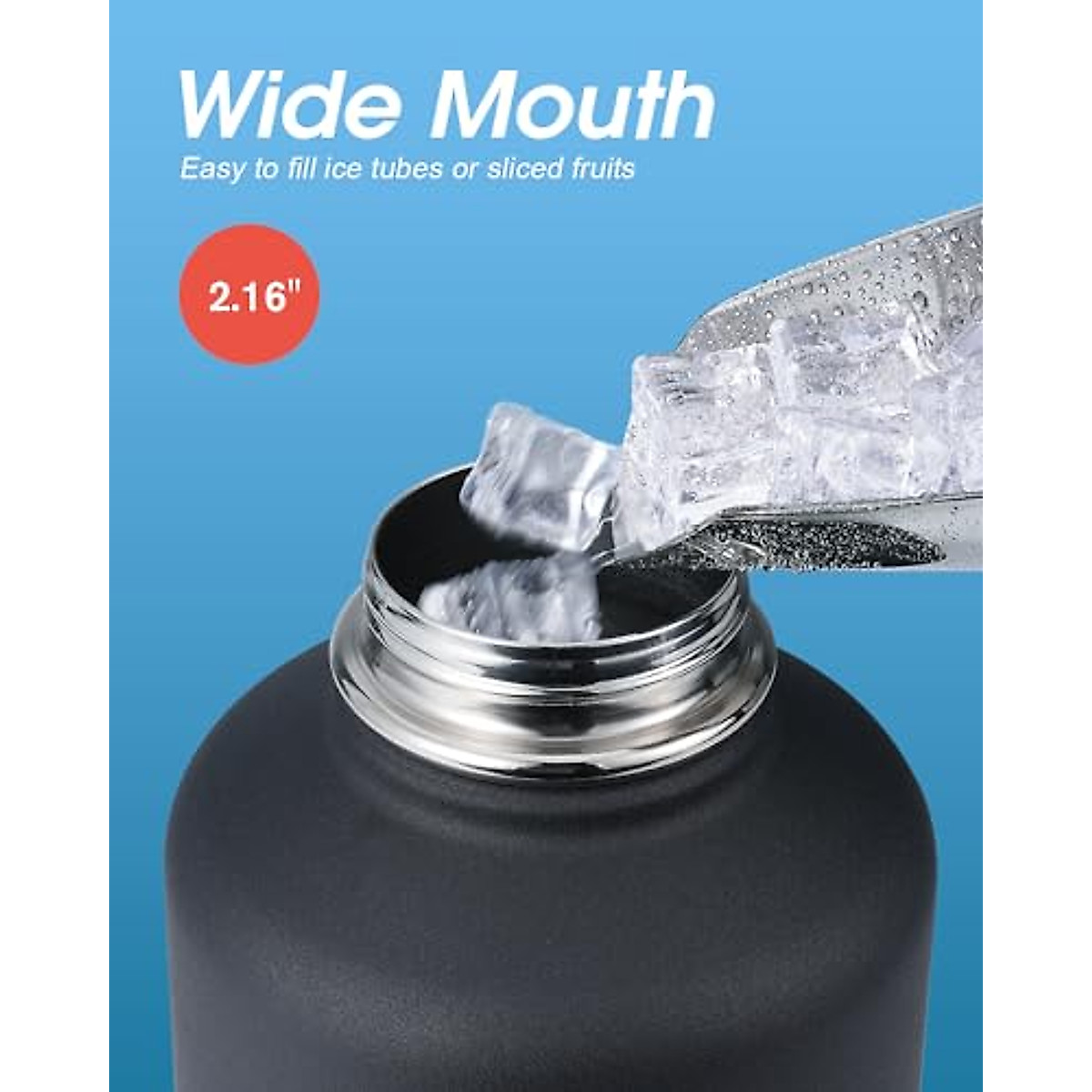 64 oz Water Bottle Insulated with Straw & 3 Lids, Coolflask Large Metal Stainless Steel Water Jug Big Half Gallon Wide Mouth for Sports, Gym or Office, BPA-Free Keep Cold 48H Hot 24H, Magic Black