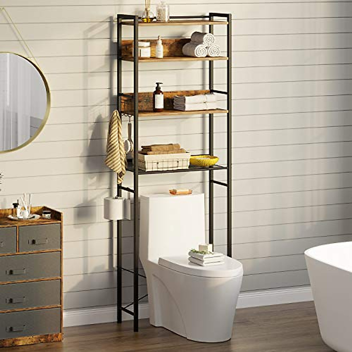 Rolanstar Over The Toilet Storage, 4-Tier Wooden Bathroom Space Saver with Hooks, Freestanding Bathroom Organizer, Multifunctional Over The Toilet Storage Rack, Bathroom Toilet Rack, Rustic Brown