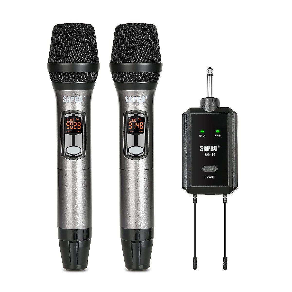 SGPRO Multiple-Purpose Wireless Microphone Set Compact Receiver Mute Function Battery Indicator for Singing, DJ, Speech, Classroom, Church, Home Karaoke and More (SG-14 | Dual Handheld Set)