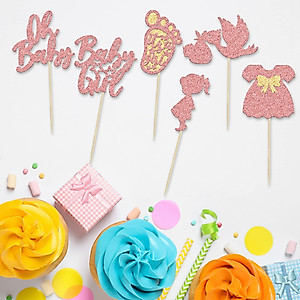 24Pcs Baby Shower Oh Baby Cupcake Toppers Rose Gold Glitter Bow Dress Footprint Swan Baby Girl Cake Picks Decorations for Baby Shower Gender Reveal Girls Birthday Party Supplies