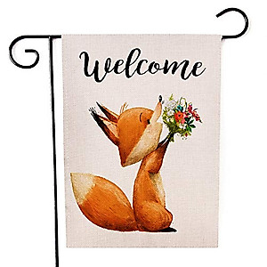 Welcome Garden Flag Cute Little Fox with Floral Bouqet Double Sided Decorative Small Yard Decor Flags 12 X 18 Inch