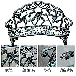 Outsunny Garden Bench Loveseat with Floral Rose Style, Cast Aluminum Frame for Outdoor, Patio, Park, Deck, Antique Green