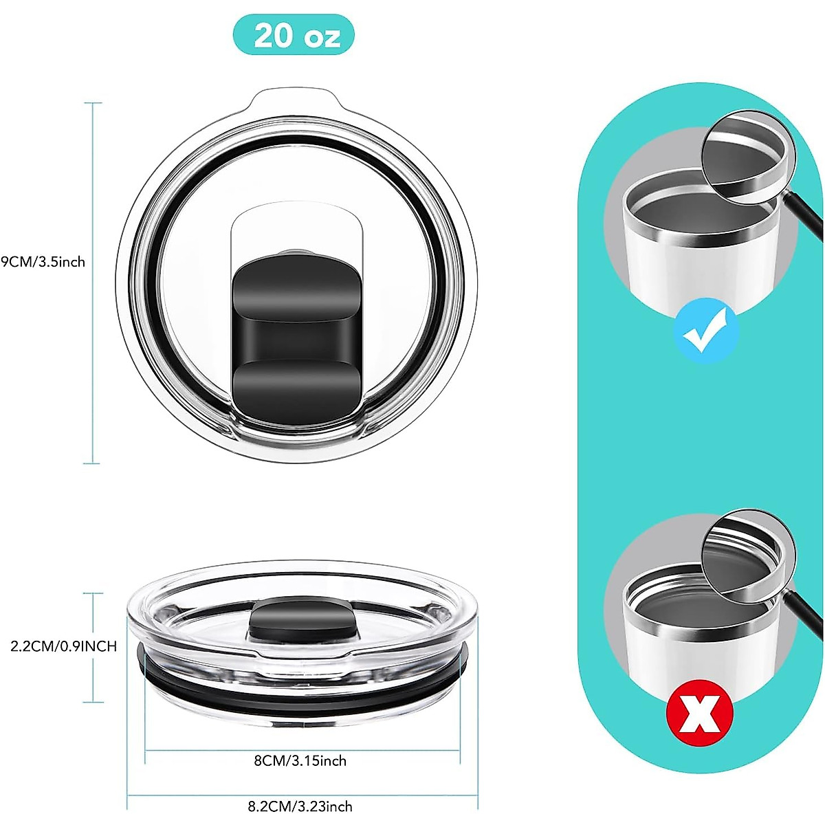 2 Pack 20 oz Magnetic Tumbler Lid, Replacement Lids Compatible for YETI 20 oz Tumbler, 10/24 oz Mug and 10 oz low ball, Magnetic Slider Switch Spill Proof Tumbler Cover, BPA Free (20oz 2pack)