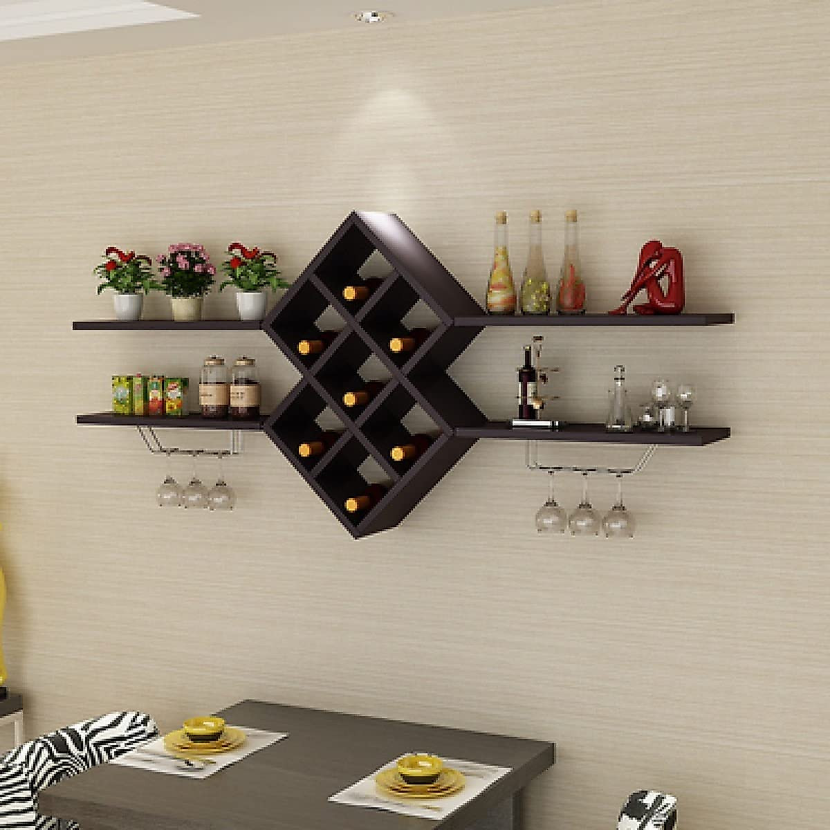 Gdrasuya10 Wine Rack Display Sets Wall Mounted, Set of 5 Wine Rack Shelves Liquor Storage Rack Wine Bottle Holder Shelf Set with Goblet Rack Multifunctional Rack (Black)