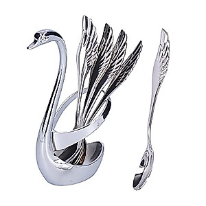 Creative Dinnerware Set, Decorative Swan Base Holder with 5 Forks or 5 Spoons for Coffee, Fruit,Dessert, Zinc Alloy Tableware Mirror Polished Spoon Fork Set (5 Spoons)