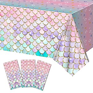JQSSHXB Mermaid Birthday Tablecloth 3 Pack Mermaid Table Cloths Disposable Plastic Mermaid Birthday Decorations for Party Kids Girls Baby Shower Themed Mermaid Birthday Party Favors (Fish Scale)