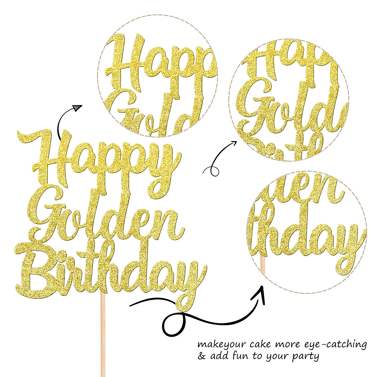 1 PCS Happy Golden Birthday Cake Topper Gold Glitter Birthday Cake Pick for Celebrating Birthday Anniversary Theme Party Cake Decorations Supplies