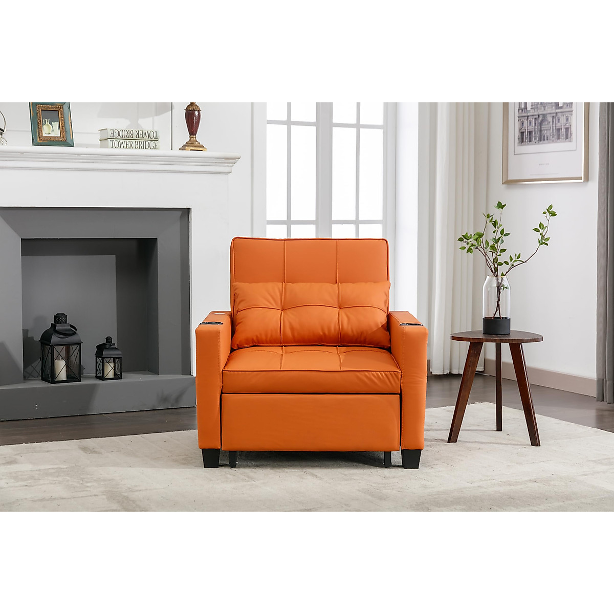 NicBex Futon Chair Bed Convertible Chair 3-in-1 Pull Out Leather Sleeper Chair Beds with USB Ports, Wear-Resistant and Anti-Scratch, Armchair Bed Sleeper for Living Room, Apartment, Orange