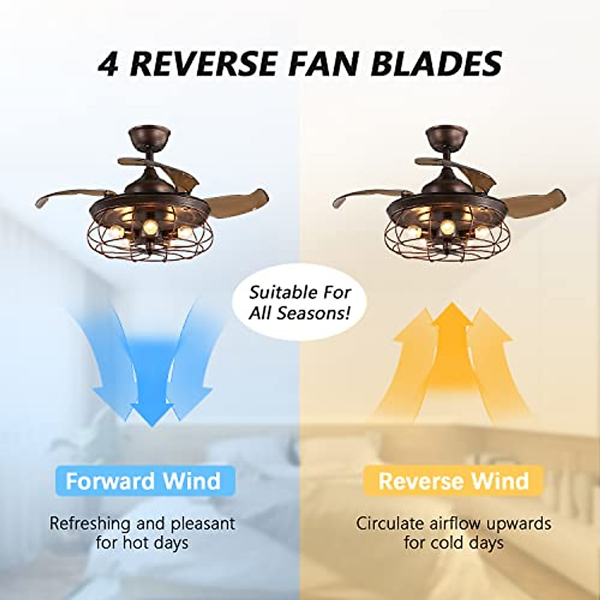 36" Industrial Reverse Ceiling Fan with Lights, Siljoy Vintage Rusty Cage Chandelier Fan Retractable Blades Fandelier with Remote Control for Farmhouse Dining Room Bedroom, 5 E26 Bulbs Not Included