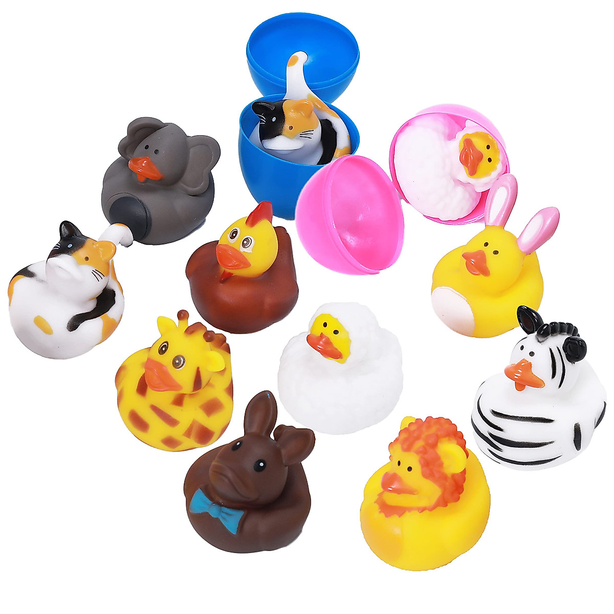 JOYIN 18 Pcs Easter Egg Filled with Animal Rubber Ducks, Easter Theme Party Favor for Kids, Easter Eggs Hunt, Summer Beach, Pool Activity, Basket Stuffers Filler, and Classroom Prize Supplies