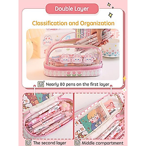 JHTPSLR Large Kawaii Pencil Pouch with Strap Double Layer Pencil Pouch Clear Waterproof Cute Preppy Pencil Case Pen Bags Holder Storage and Organizer (Purple Friends)