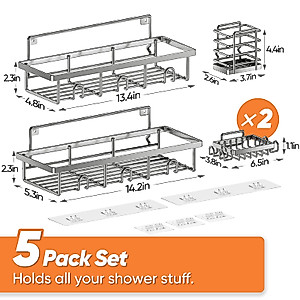 Bunoxea Shower Caddy Stainless Steel, 5-Pack Adhesive Shower Shelves,Large Capacity,Rustproof Shower Caddy Basket Shelf,Shower Organizer Shelves for Bathroom & Kitchen Storage,Silver
