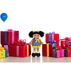 LOVE & HUG 17" African American Black Doll | Stuffed Soft Plush Doll with Blue Dress and Soft Yarn Hair for Kids and Toddlers to Love and Hug | Gift for Birthday, Christmas