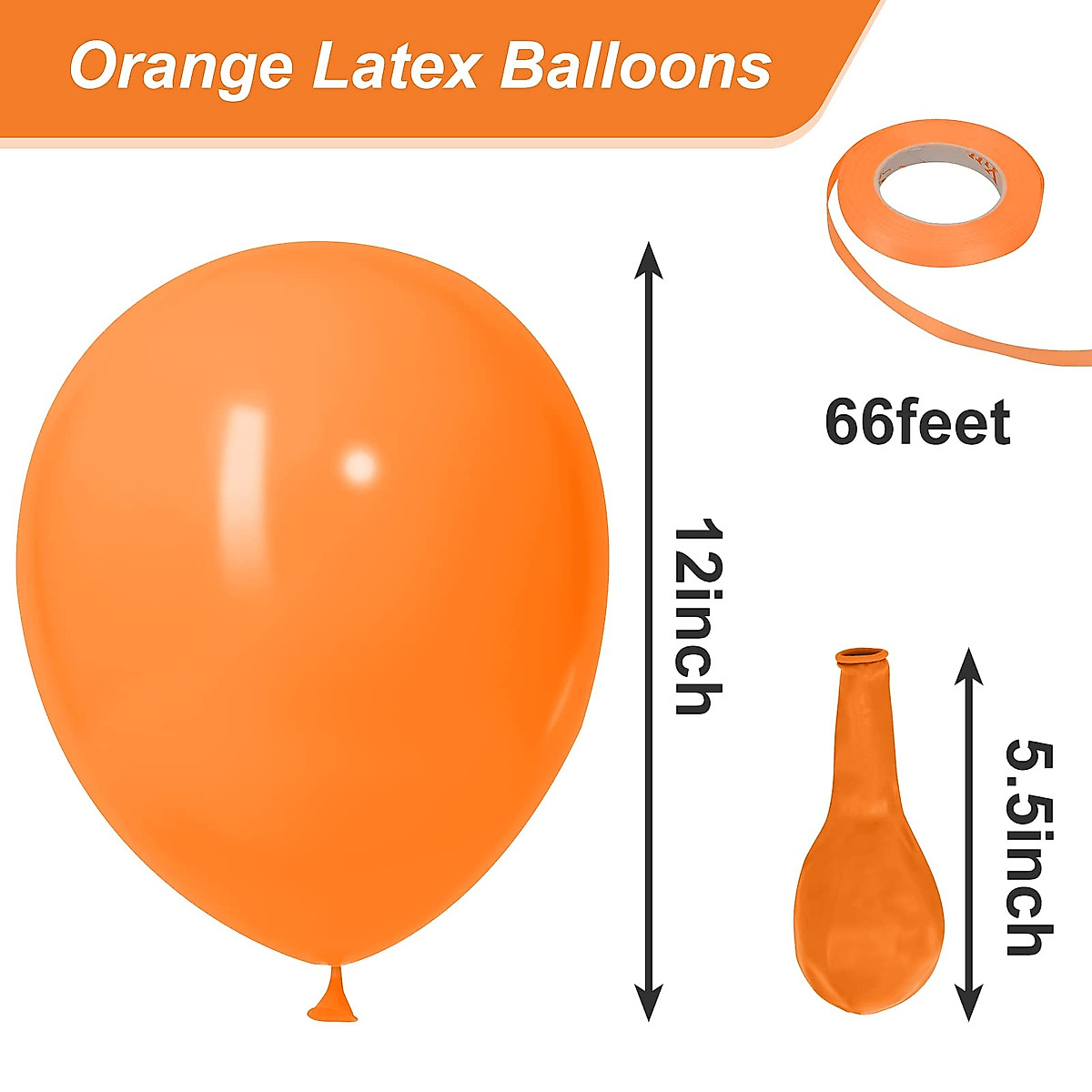 RUBFAC Orange Balloons Latex Party Balloons, 100pcs 12 Inch Orange Helium Balloons for Party Decoration Like Birthday Party, Baby Shower, Wedding, Gender Reveal, Graduation Party (with Orange Ribbon)