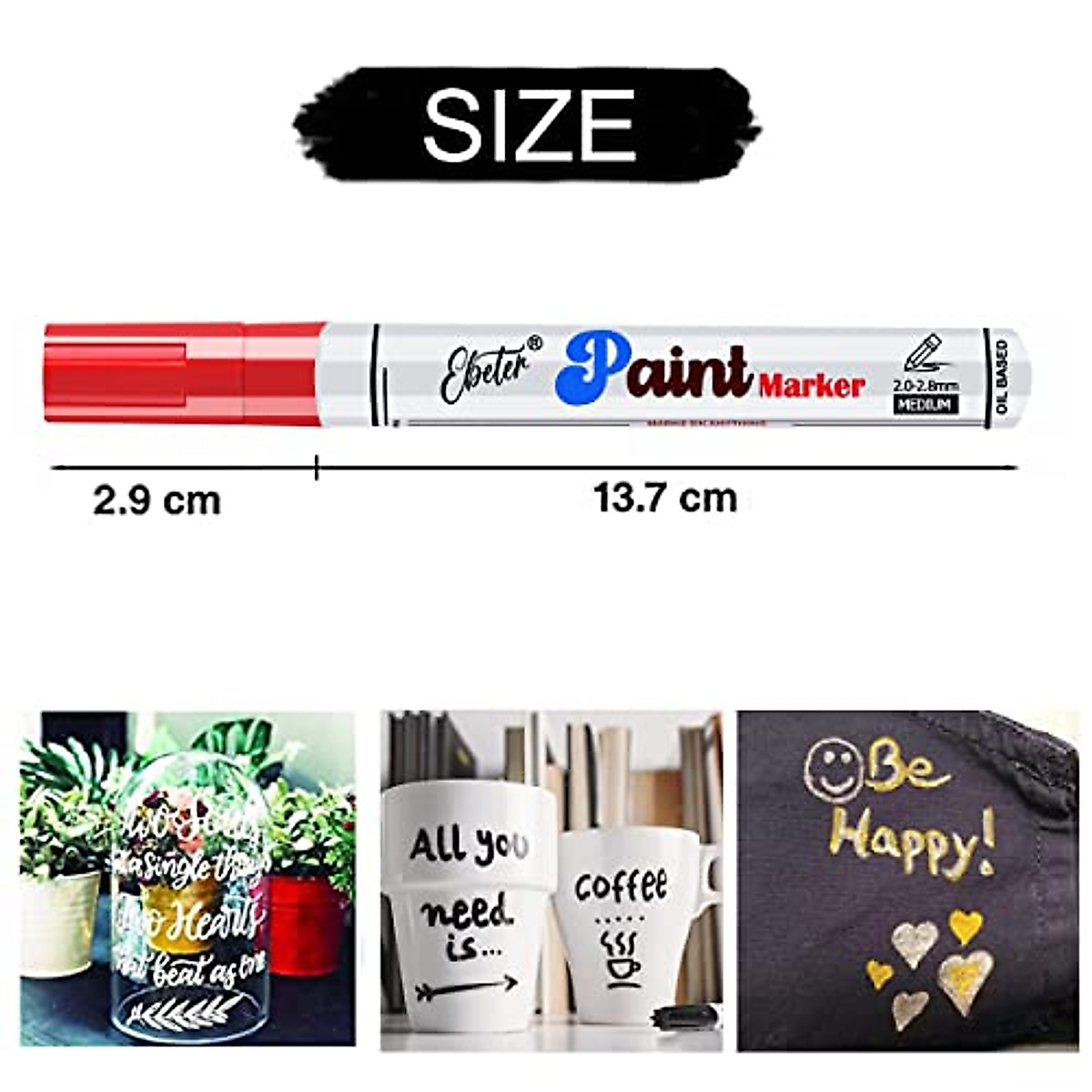 Ebeter Paint Marker Pens - 2 Pack Single color Permanent Oil Based Paint Markers,Quick Dry,Medium Tip,and Waterproof Marker Pen for Wood, Fabric, Plastic,Rock Painting,Metal,Canvas, Mugs,Glass(White)