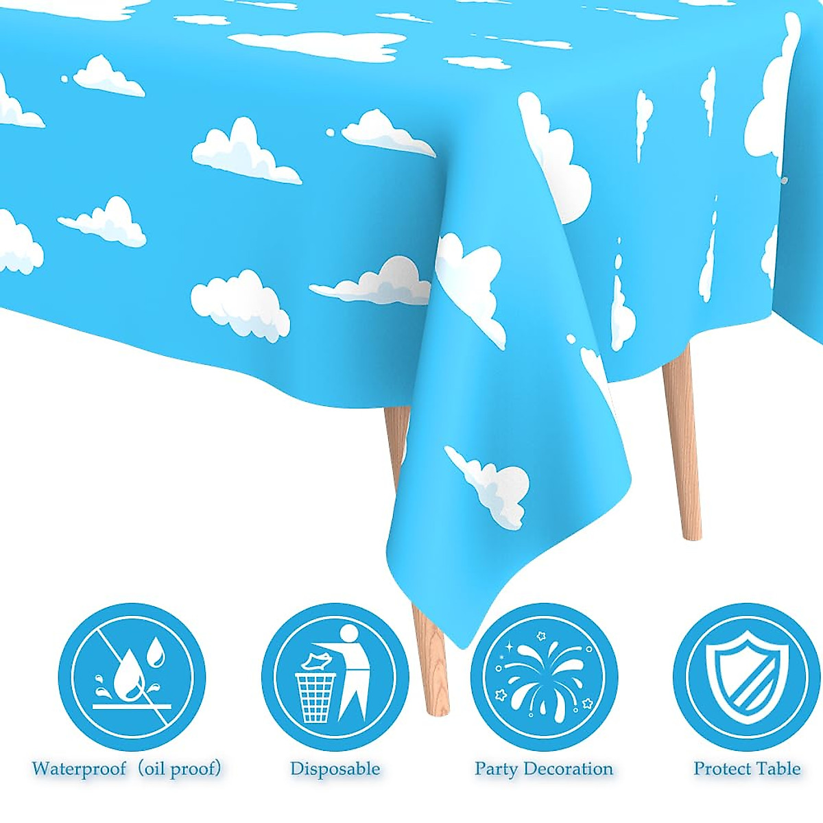 2Pcs Blue Sky and White Clouds Tablecloth Birthday Party Supplies, 54x108 Inch Cartoon Story Tablecloth, Cartoon Tablecovers Party Table Cover for Baby Boy Girl Kids Shower Birthday Party Decorations