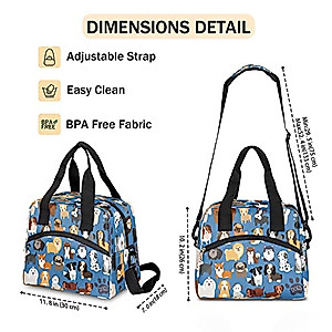 Insulated Lunch Bag Cute Animal Dogs Puppy Lunch Box for Women Girls Reusable Leakproof Meal Prep Lunch Bag Cooler Tote Bag with Removable Adjustable Shoulder Strap for Adult Travel Picnic Work School