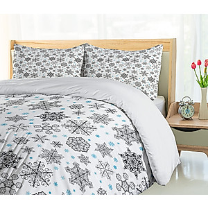 Ambesonne Snowflake Duvet Cover Set, Lace Style Arrangement of Snowflakes Winter Season Christmas Illustration, Decorative 3 Piece Bedding Set with 2 Pillow Shams, King Size, Blue Black White