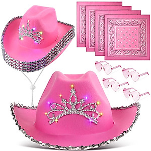 Zhanmai 12 Pcs Lighted Cowgirl Hat with Heart Glasses and Bandana, Cowboy Hat with Tiara Crown for Girls (Pink, Glitter Style)