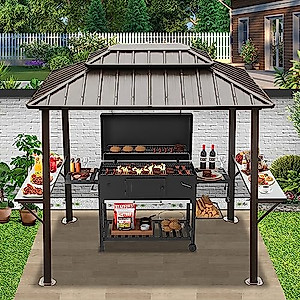 Domi 8’ x 6’ Grill Gazebo, Outdoor Aluminum BBQ Gazebo with 2 Side Shelves, Hardtop Double Roof Permanent Sun Shade with Ceiling Hooks for Patio Deck Yard Garden (Brown)