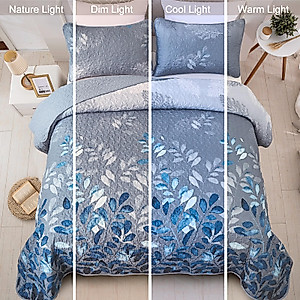 WONGS BEDDING Blue Floral Quilt Set California King, 3 Pieces Botancal Leaves Bedspread Coverlet Set with 2 Pillowcases for All Season, Soft Microfiber Floral Bedding Set 106"×96"