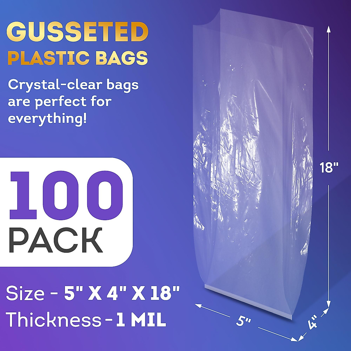 APQ Clear Gusseted Poly Bags, 5 x 4 x 18 Inch. Pack of 100 Gusseted Plastic Bags 1 Mil Thick for Favors with Open Top. Clear Plastic Bags for Packaging Cookies, Popcorn, Candies, Homemade Bread
