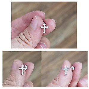 CZ Cross 20g Barbell Ball Stud Sterling Silver Earrings for Women Girls Cubic Zirconia Tiny Small Studs Cartilage Tragus 4mm Bead Screw Back Hypoallergenic Thin Faux Piercing Body (Silver) 1