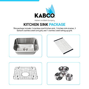 KABCO 23 Inch Single Bowl Stainless Steel Classic Kitchen Bar Sink, Rust, Sound and Heatproof Swirl Finish Stainless Steel Deep Sink with Kitchen Sink Strainer, Bottom Sink Grid and a Rolling Up Grid
