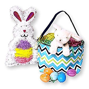 Zig Zag Chevron Material Easter Basket Bucket for Toys Egg Hunting Party (Blue Chevron with Embroidered Name)