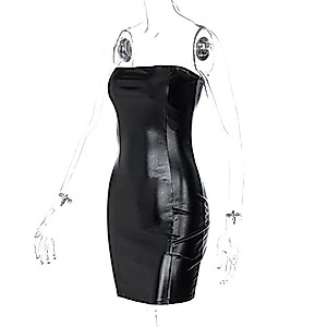 GOOHO Women Sexy Club Party Strapless Bodycon Pu Leather Black Ruched Latex Dress (SPUD-Medium)