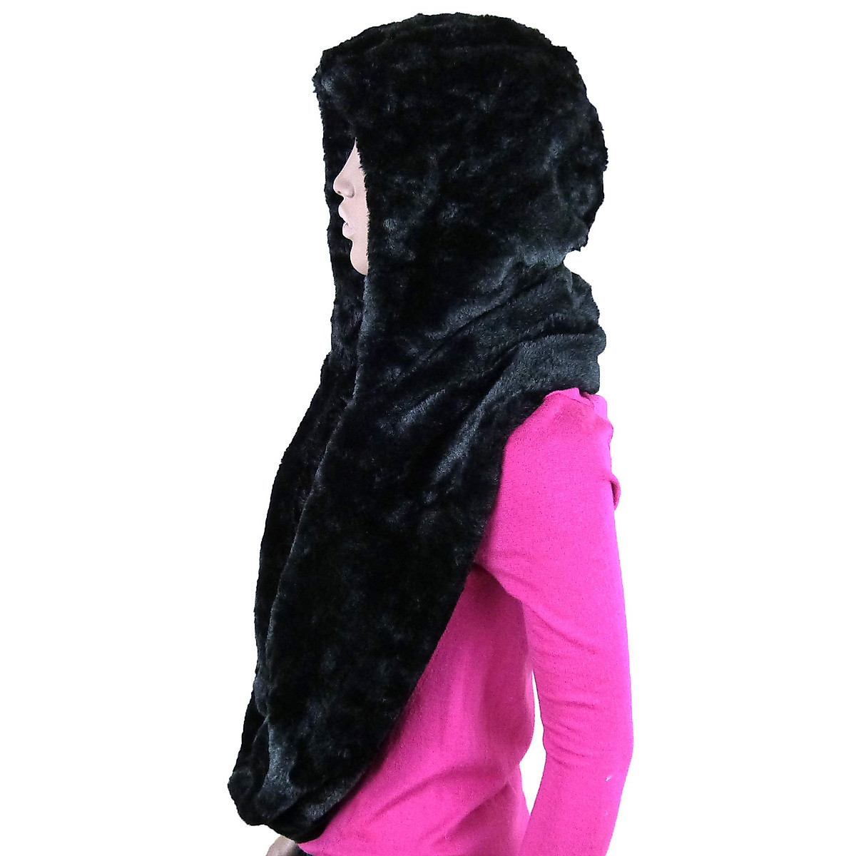 Fashion 21 Women's Thick & Soft Faux Fur Infinity Hood Scarf Head Scarf Shawl Wrap (Hooded - Black)