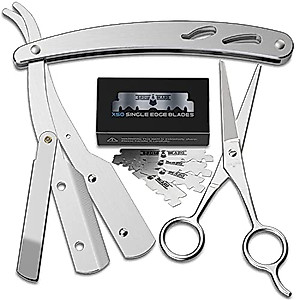 Straight Razor, Complete Straight Razors for Men Kit with 50 Single Blade Razors for Men and Scissors, Barber Supplies, Straight Edge Razor, Professional Barber Razor Blade (Silver)
