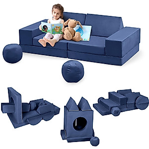 GarveeHome 12PCS Modular Kids Play Couch, Toddler Couch Child Sectional Sofa for Creative Play, Sleeping, Reading, Convertible Sofa Foam Couch Building Fort for Playroom Bedroom, Navy Blue