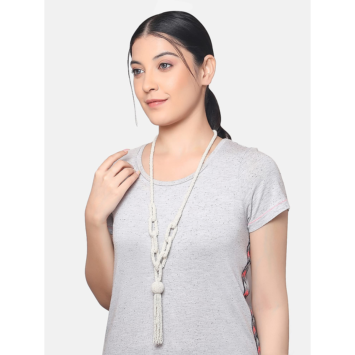 RF RIZIR FASHION Long Handmade Glass Beaded Statement WHITE Necklace for Women