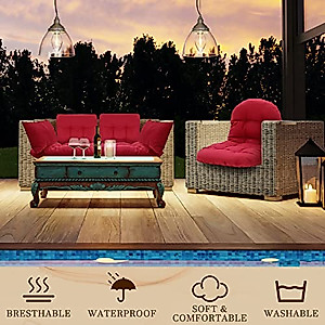 Maitys 5 Pieces Waterproof Outdoor Cushions Couch Cushion Set Wicker Chair Cushions Group Loveseat Cushions Lumbar Pillows for Patio Backyard Porch Garden Furniture (Wine Red)