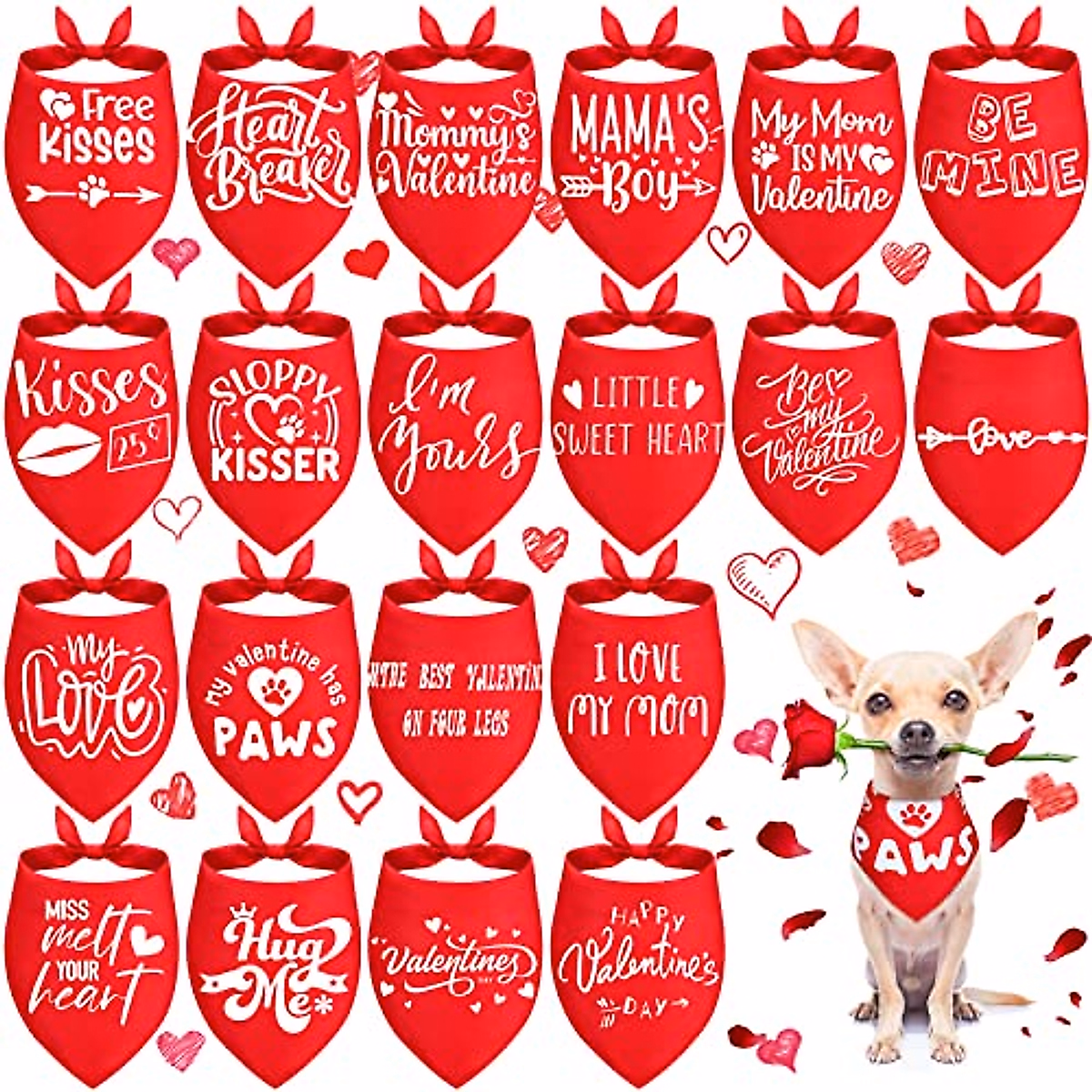 20 Pieces Valentine's Day Dog Bandana, Red Pet Triangle Bibs Scarf, Valentine Bandana for Dogs, Free Kisses Heart Breaker Adjustable Neckerchief Scarf for Puppy Cats Pet