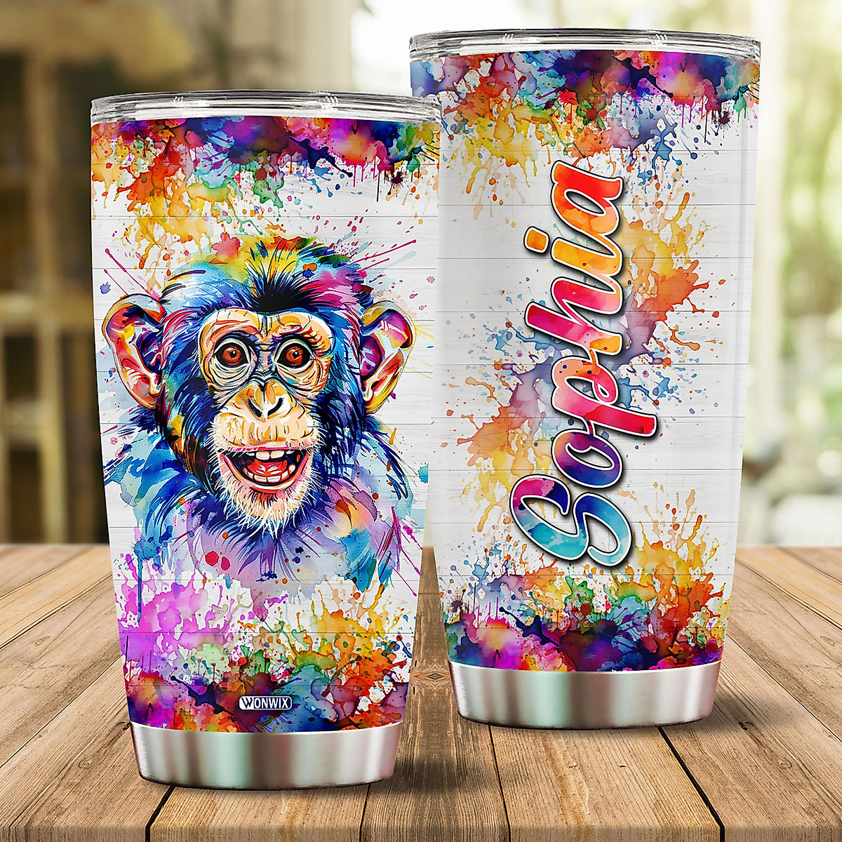 WONWIX Personalized Monkey Tumbler Gifts for Women Monkey Lover Custom Name Watercolor Coffee Cup Travel Mug Gift for Her Girls 20oz Insulated Stainless Steel With Lid
