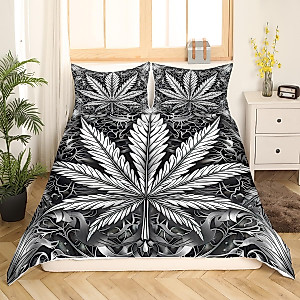 Marijuana Weed Leaf Bedding Set Full Size Psychedelic Cannabis Leaves Duvet Cover Hippie Marijuana Weed Green Leaf Comforter Cover Grey Trippy Hemp Bed Set Quilt Cover 3Pcs (No Comforter)