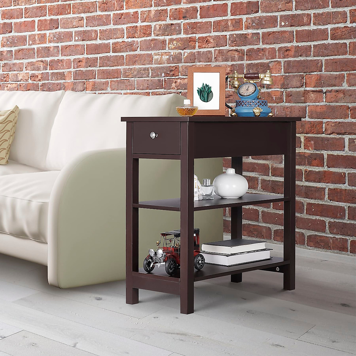 SUPER DEAL 3 Tier Wood End Table Narrow Nightstand with Drawer and 2 Shelves, BedsideTable for Bedroom Living Room, Apartment Small Space, Espresso