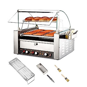 ROVSUN Hot Dog Roller Warmer 2000W, 11 Rollers 30 Hot Dog Roller Grill Cooker Machine w/Bun Warmer, Cover, Dual Temp Control, LED Light, Removable Shelf & Drip Tray for Party Home Commercial