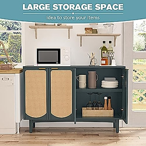 ARTPOWER Sideboard Buffet Cabinet with 4 Rattan Doors, Accent Storage Cabinet with Shelves, Free Standing TV Console Table, Modern Teal Credenza for Kitchen, Dining Room, Living Room, Hallway