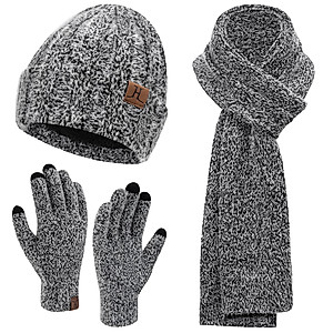 Womens Winter Warm Knit Beanie Hat Touchscreen Gloves Long Neck Scarf Set with Fleece Lined Skull Caps Gifts for Women Men