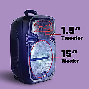 QFX PBX-616SM 15" Bluetooth Rechargeable Speaker with LED Lights, Mic and Stand