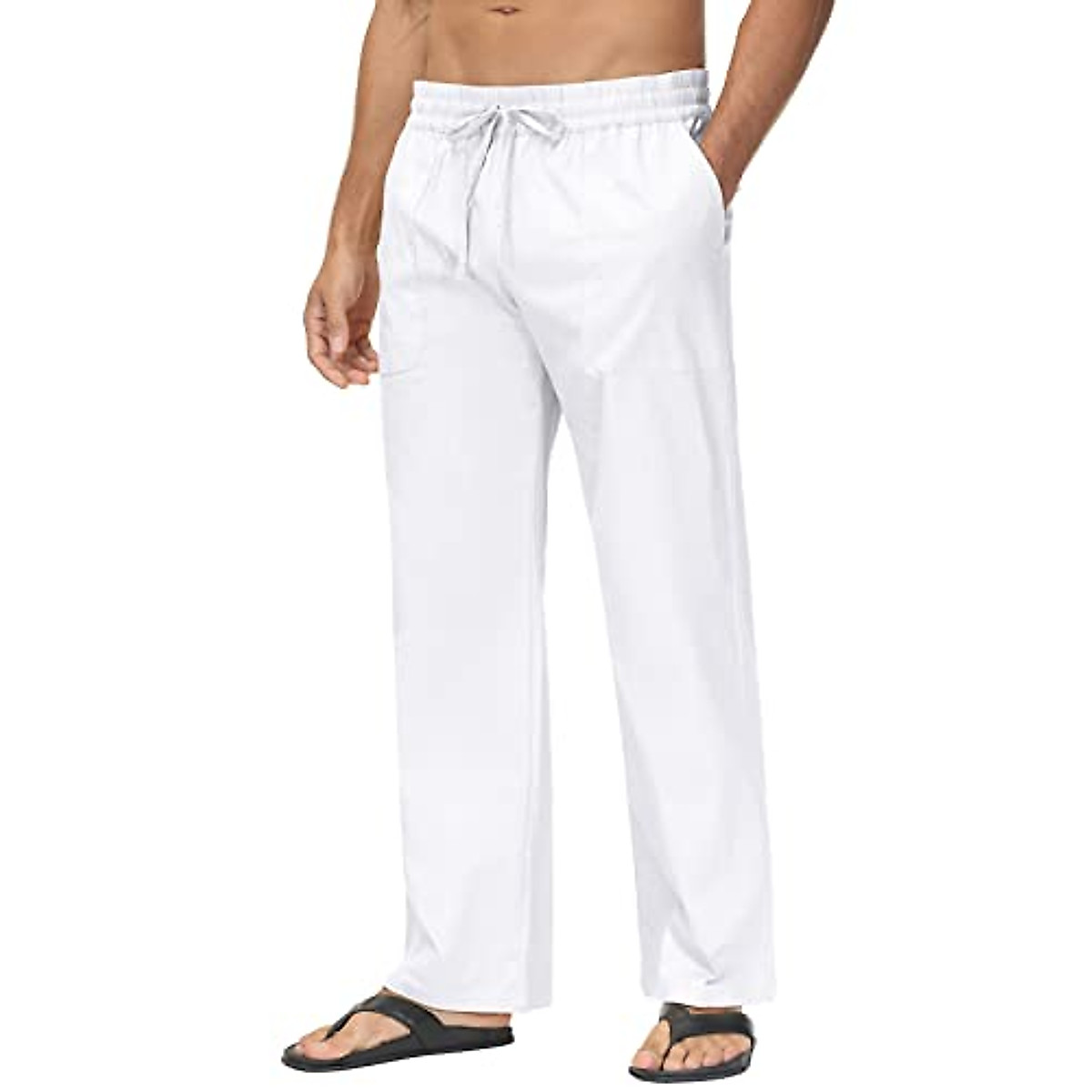 Boisouey Mens Linen Loose Pant Lightweight Elastic Waist Trouser Yoga Beach Pant White L