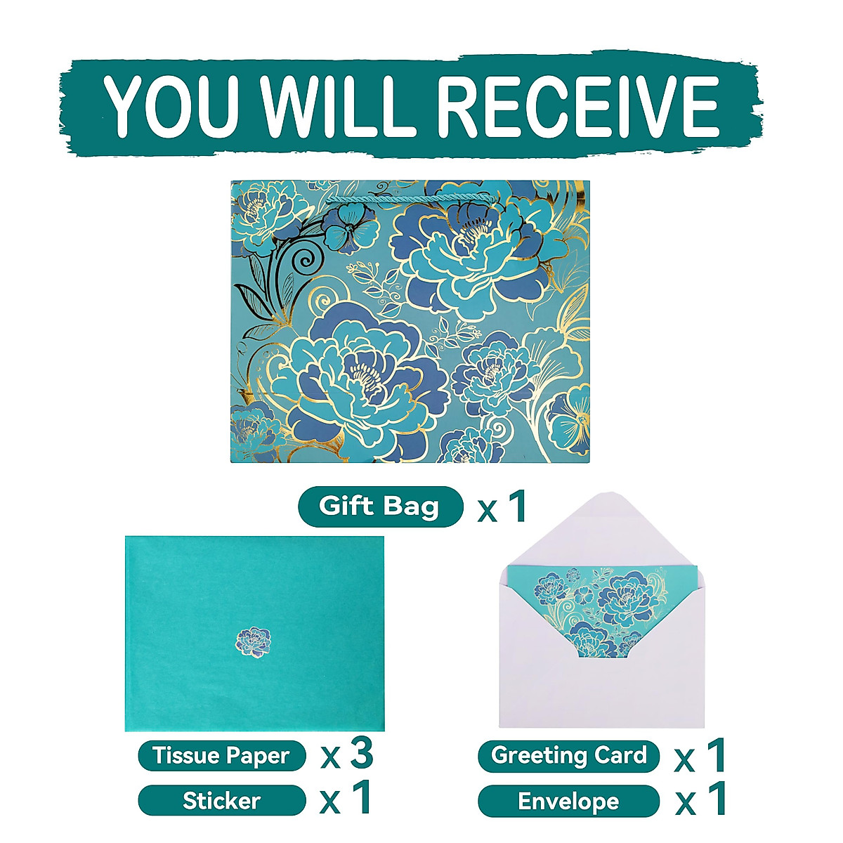 13" Large Rose Green Gift Bag Set with Greeting Card and Tissue Paper(Foil Traced Flowers) for Celebrating Birthdays, Valentine's Day, Weddings, Anniversaries, Mother's Day- 13”x5.2”x10.2”,1 Pcs.