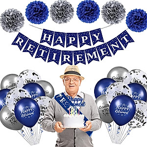 Roetyce Retirement Party Decorations for Men Women, 32PCS Blue Silver Happy Retirement Banner Balloons Honeycomb Cake Topper Pompoms Kit, Blue Retired Sash for Coworker, Office Retirement Supplies