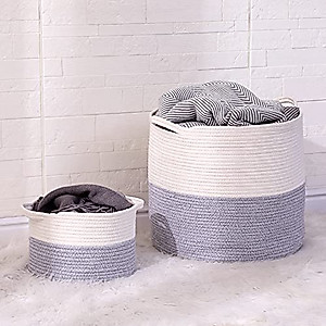 MRECHIR 2pc Large Woven Cotton Rope Basket with Handles 18" x 15" Laundry Hamper - Blanket Basket Living Room - Basket for Toys-Decorative Baskets for Storage - Pillow Basket - White&Grey
