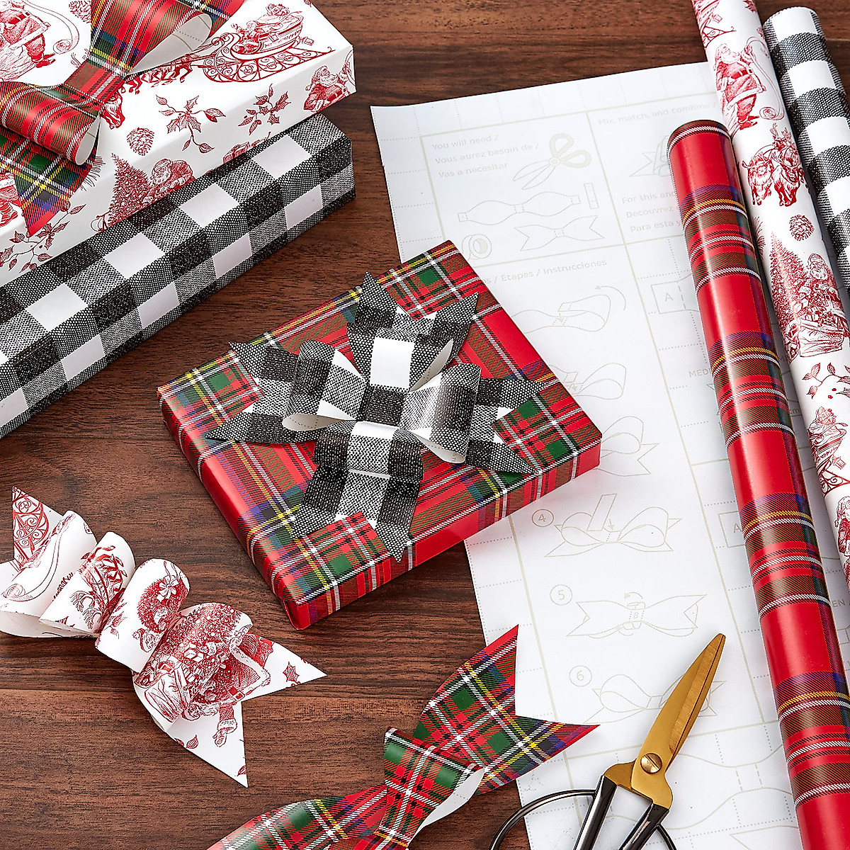 Hallmark Holiday Wrapping Paper with Cutlines and Optional DIY Bow Templates on Reverse (3 Rolls: 120 Sq. Ft. Ttl) Red Toile, Black and White Buffalo Check, Christmas Plaid
